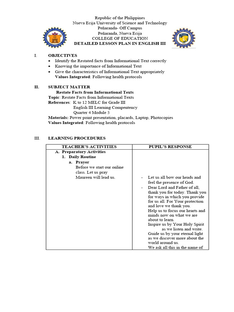 Detailed LessonPlan in English 3 | PDF