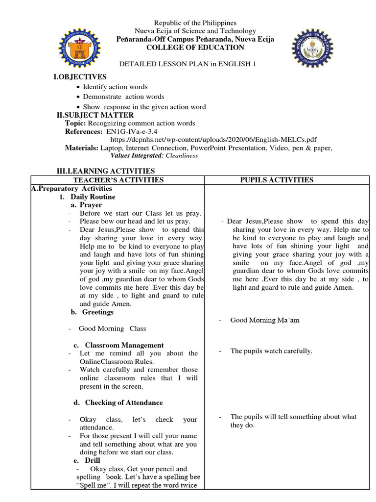 Detailed Lesson Plan in ENGLISH 1 Action Word | Download Free PDF ...