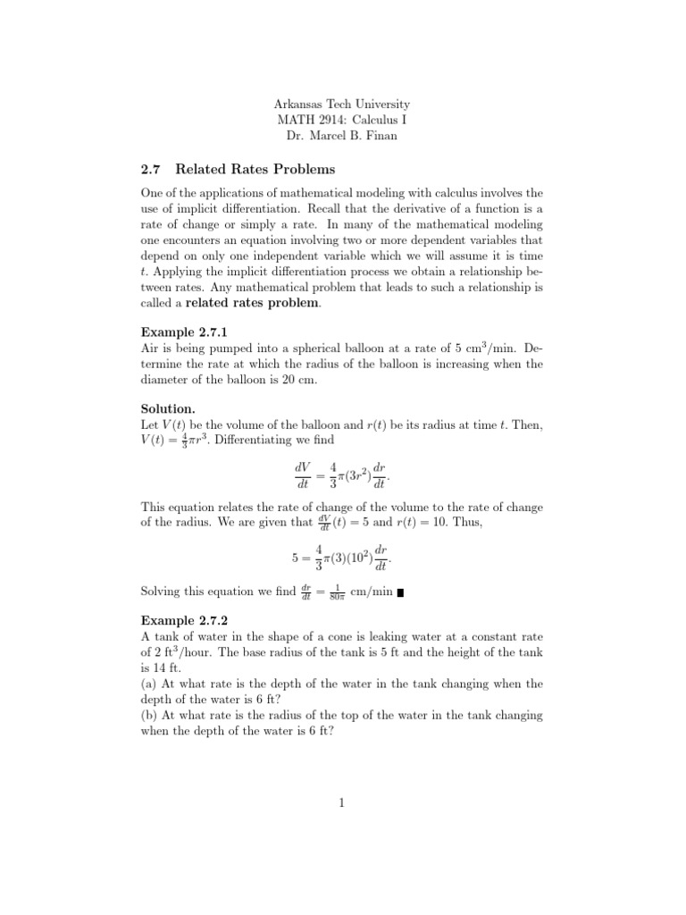 2.7 Related Rates Problems | PDF | Derivative | Equations