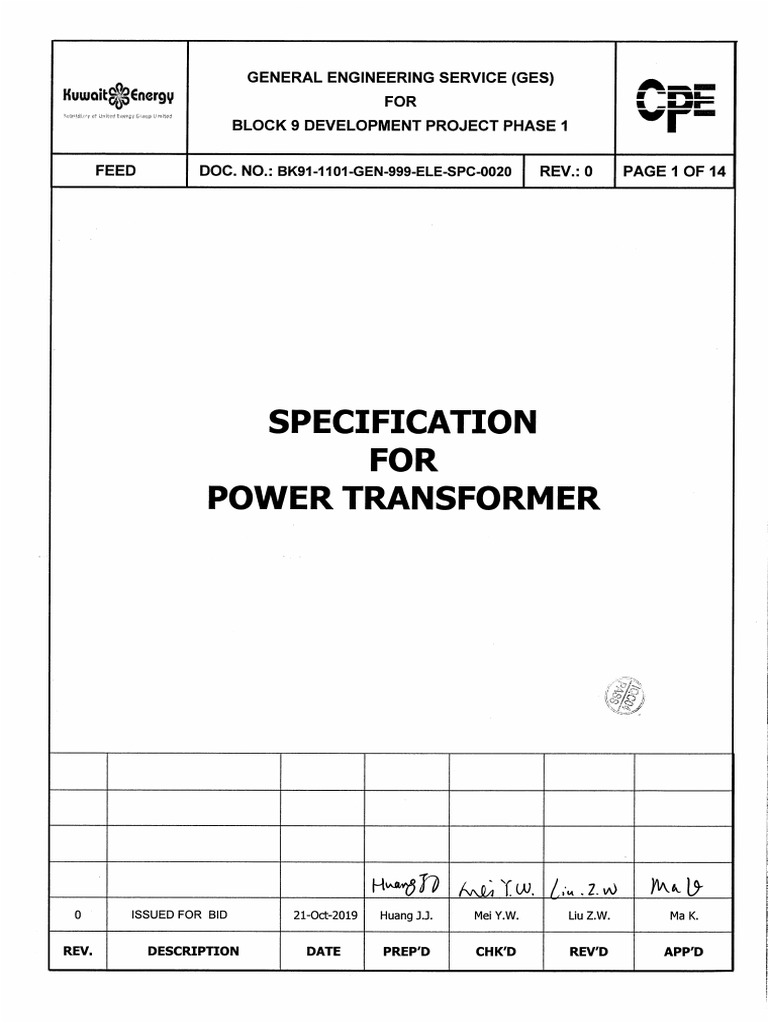 Specification for Power Transformer | PDF