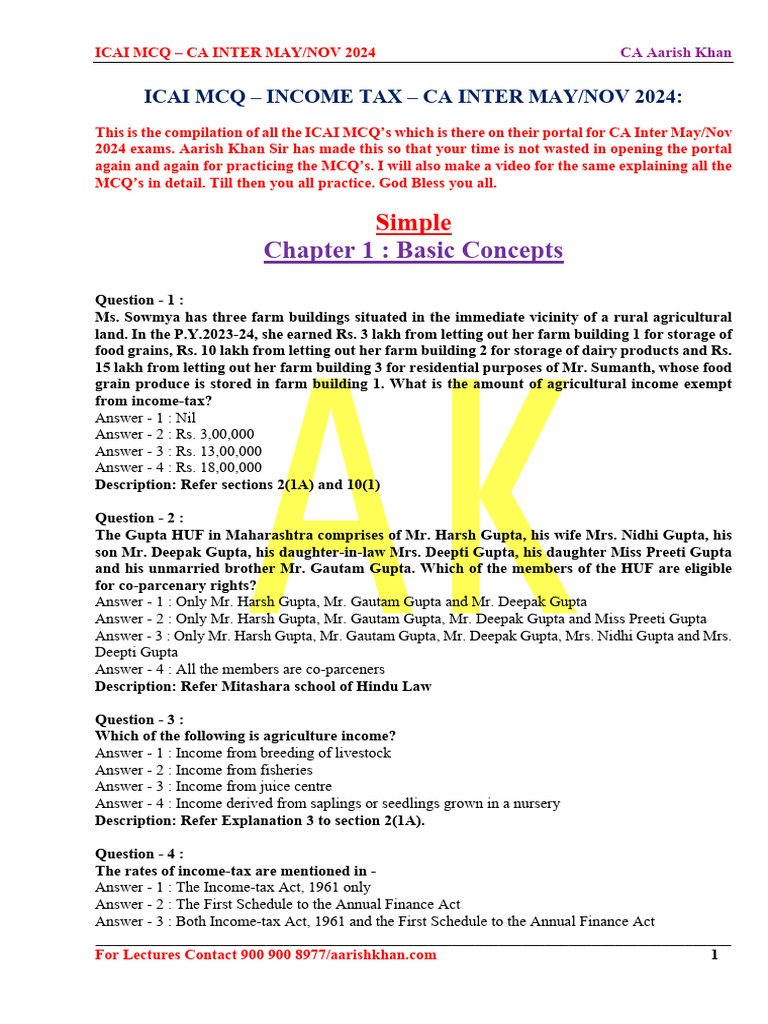 ICAI MCQ's INCOME TAX CA INTER MAY - NOV 2024 | PDF | Capital Gains Tax ...