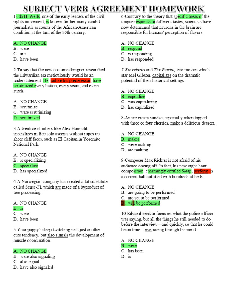 3-Subject Verb Agreement HW | PDF