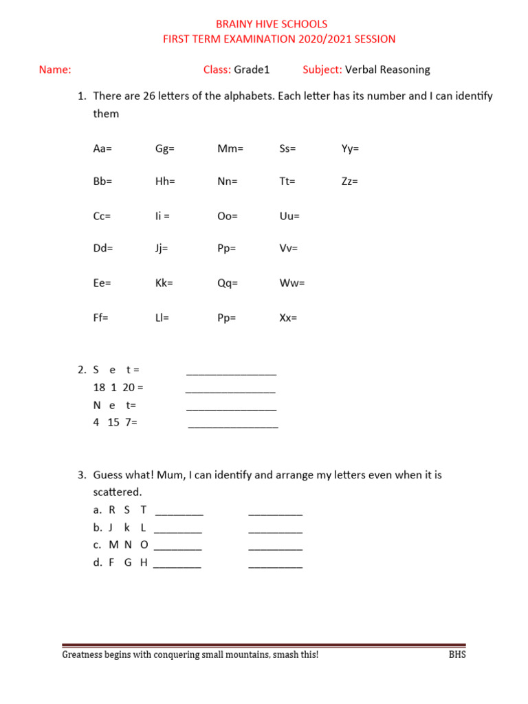 First Term Examination Grade One 2020-2021 | PDF