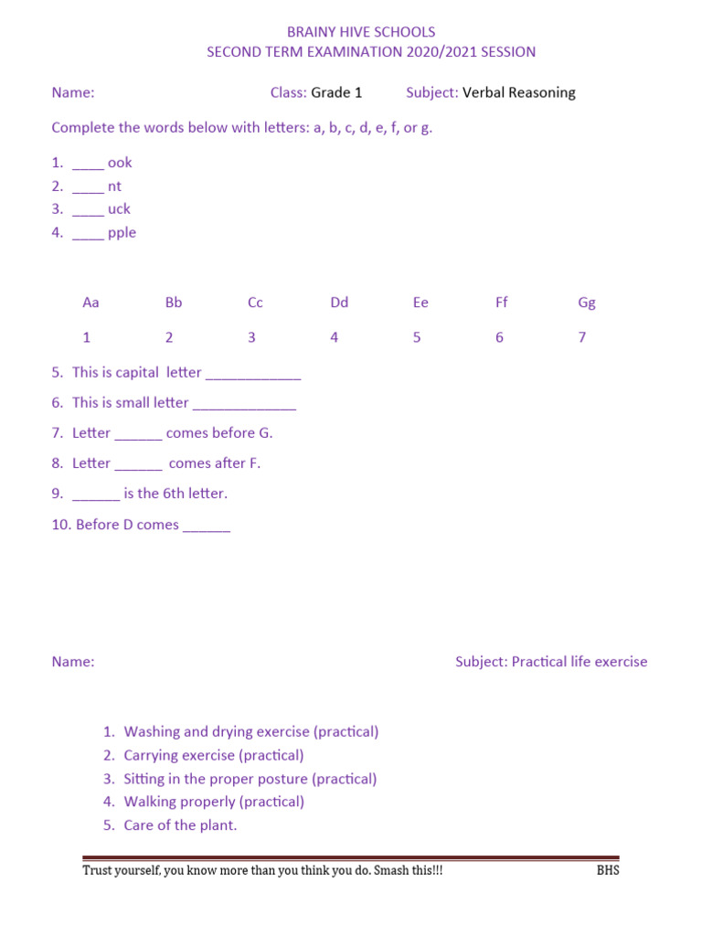 Grade 1 Second Term Exam Papers | PDF | Rhyme | Seed