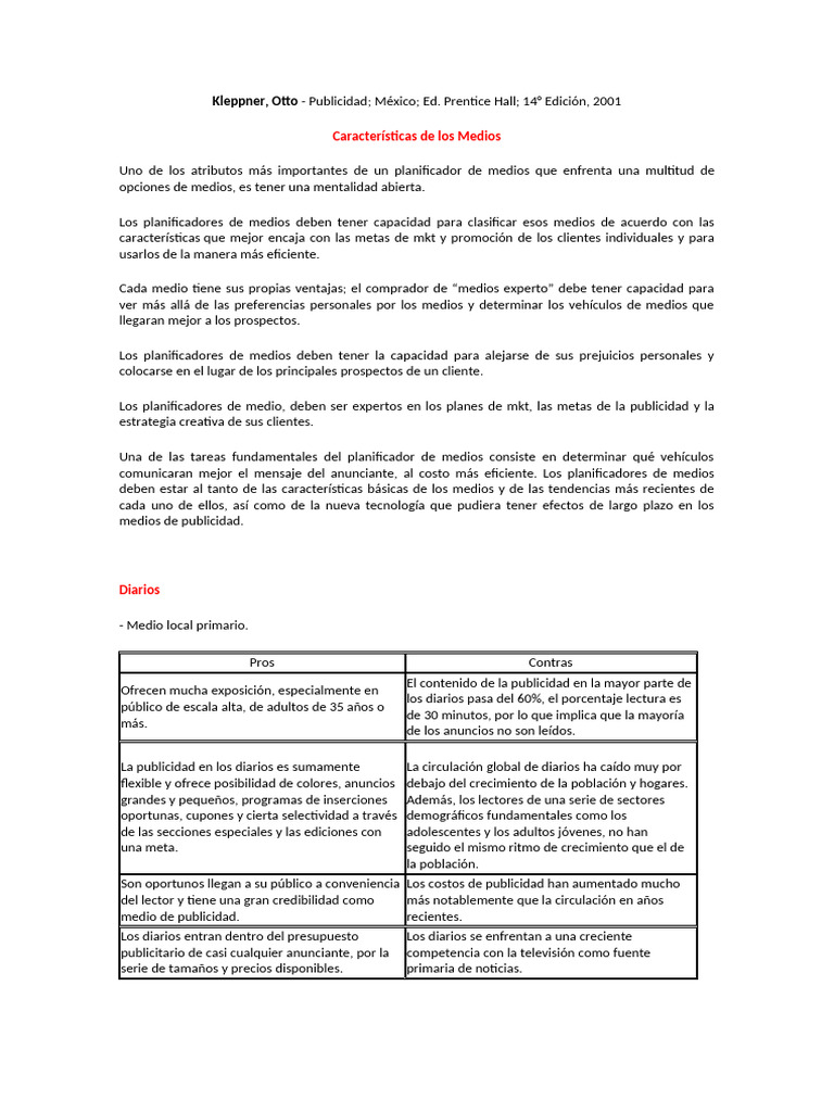 Kleppner Caracteristicas Medios + Redes Sociales | PDF | Publicidad ...