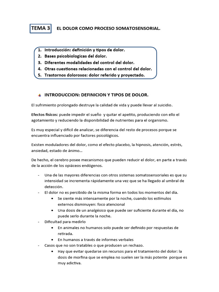 Tema 3 El Dolor Como Proceso Somatosensorial | PDF | Dolor | Opioide