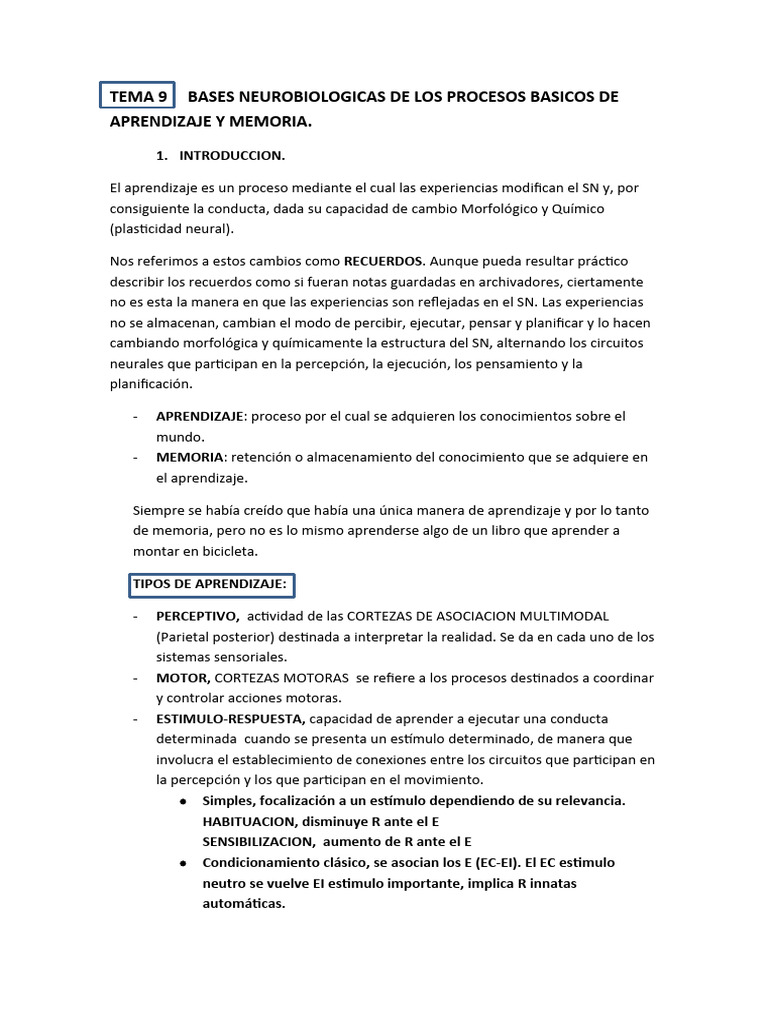 Tema 9 Bases Neurobiologicas de Los Procesos Basicos de Aprendizaje y Memoria | PDF | Hipocampo ...