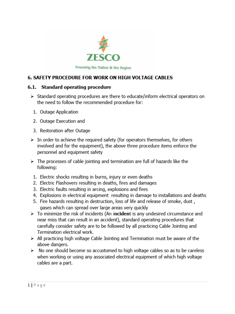 High Voltage Cable Safety Procedures | PDF | High Voltage | Electrical ...