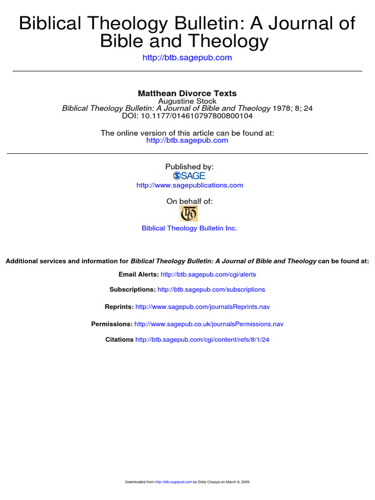 Augustine Stock - Matthean Divorce Texts | PDF | Adultery | Marriage