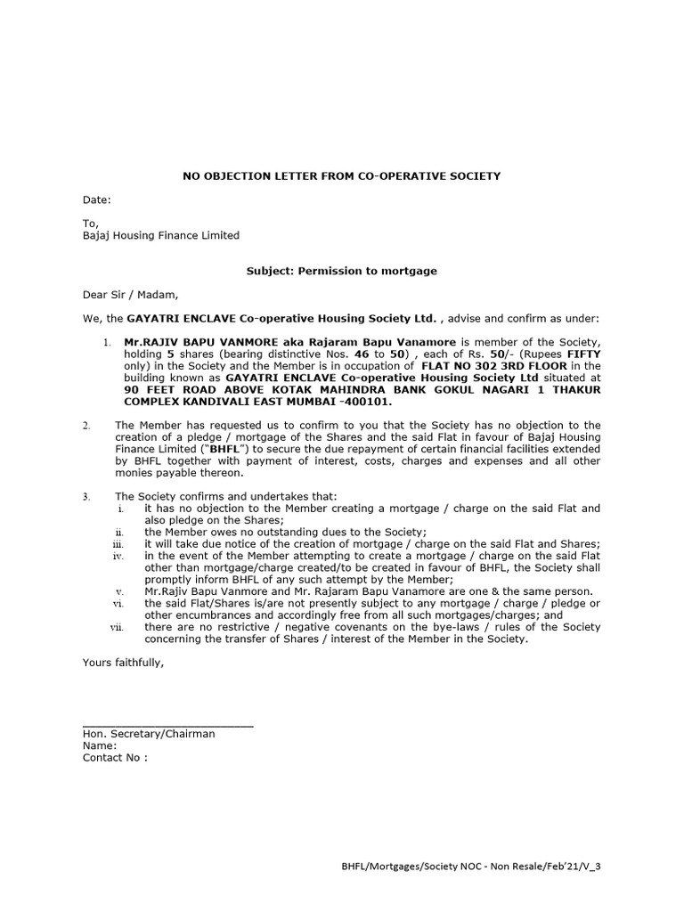 NOC Format | PDF | Mortgage Loan | Private Sector