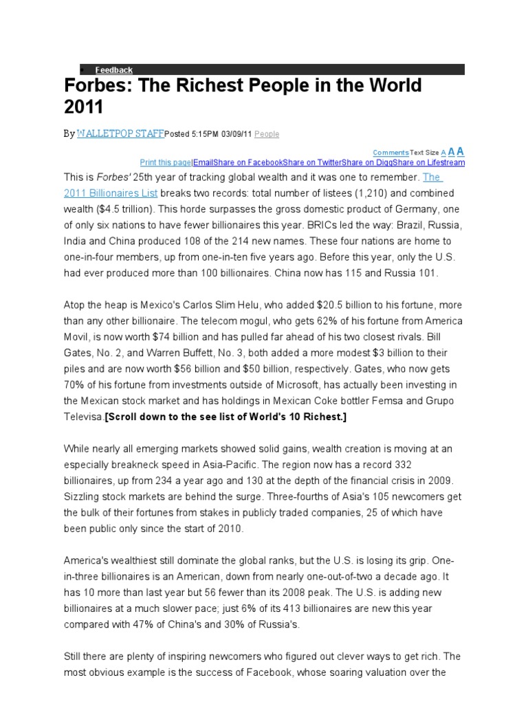 2011 Forbes Billionaires List Highlights | PDF | Investing | Business