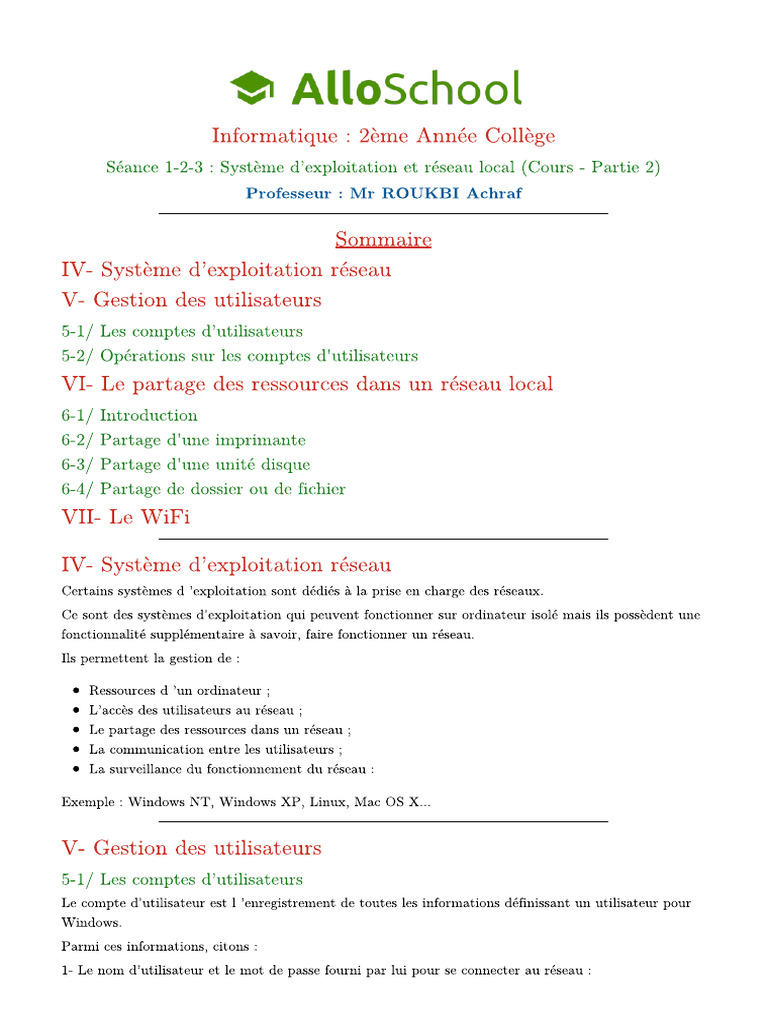 Seance 1 2 3 Systeme D Exploitation Et Reseau Local Cours Partie 2 2 | PDF