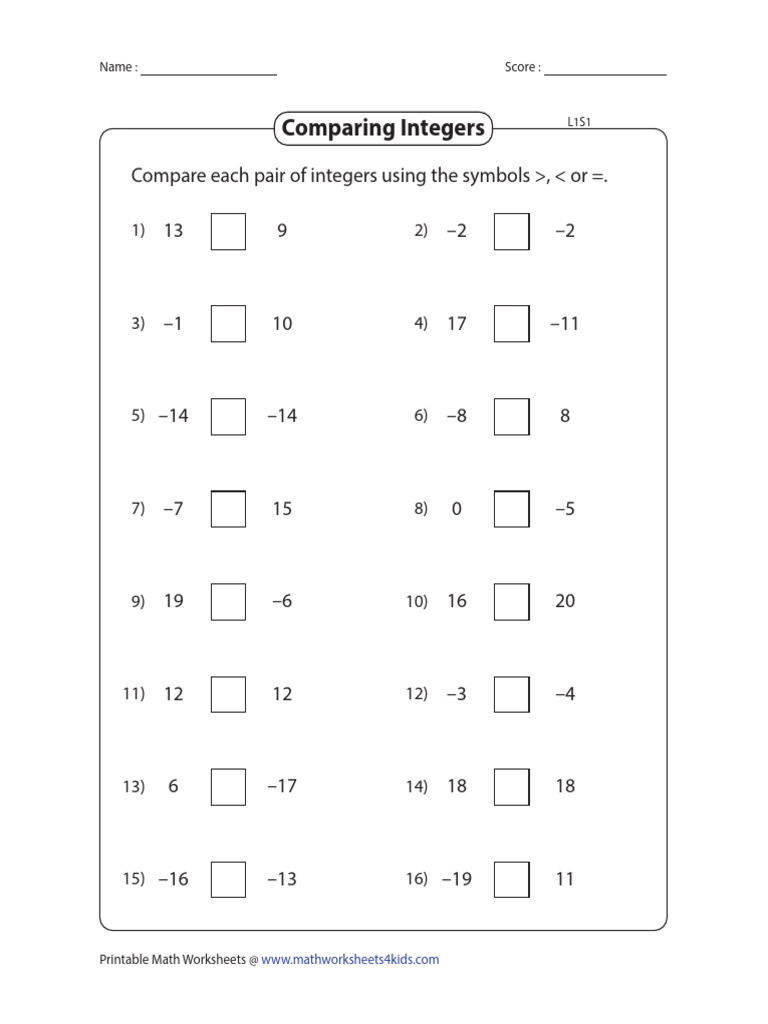 1st Worksheet Comparing Integers | PDF