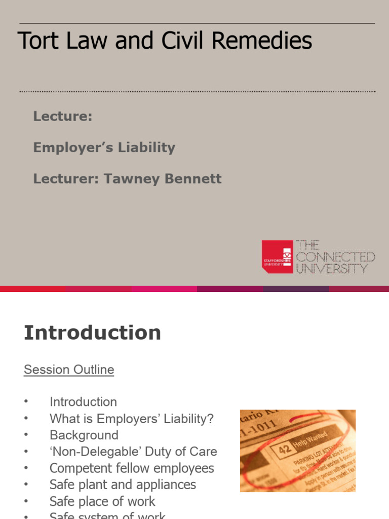 Sem1 Lecture 10 - Employer's Liability | PDF | Legal Liability | Tort