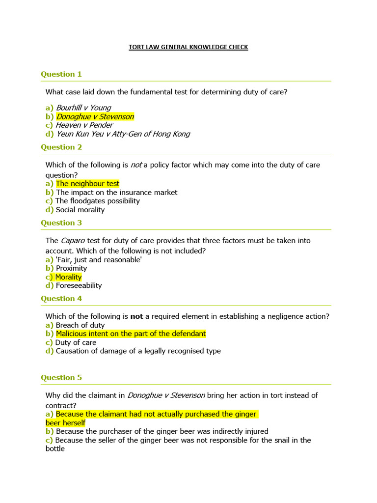 Tort Law Quiz for Law Students | PDF | Negligence | Tort