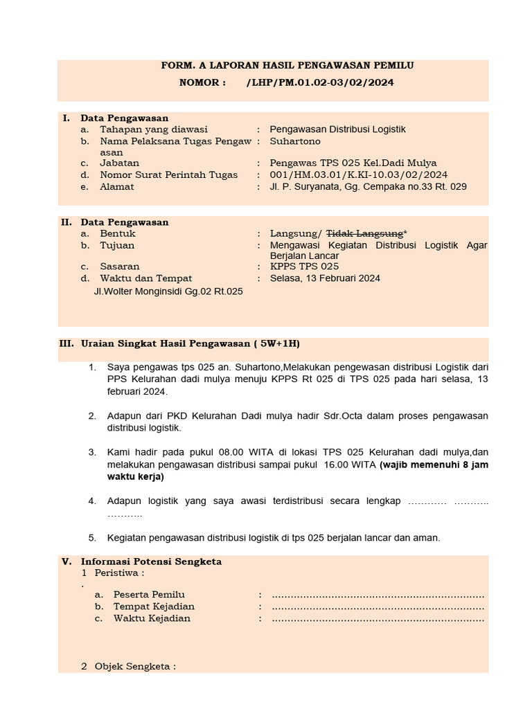 Form A Pengawasan Distribusi Logistik Ptps | PDF Form A Pengawasan Distribusi Logistik Ptps | PDF