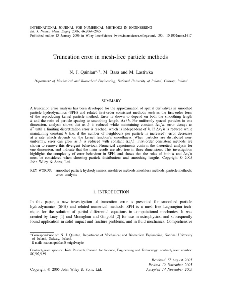 Numerical Meth Engineering - 2006 - Quinlan - Truncation Error in Mesh Free Particle Methods-2 ...