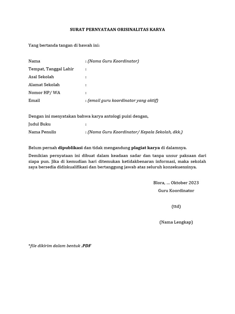 Template Surat Pernyataan Orisinalitas Karya | PDF