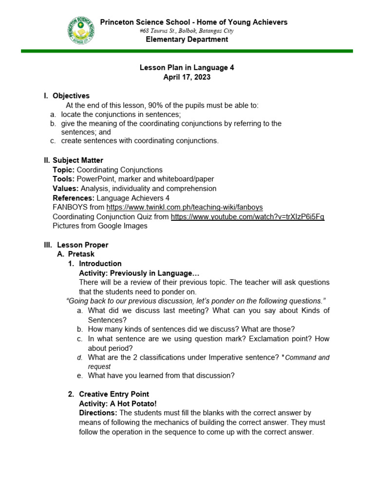 Lesson Plan in Language April 17, 2023 | PDF | Linguistics | Language Mechanics