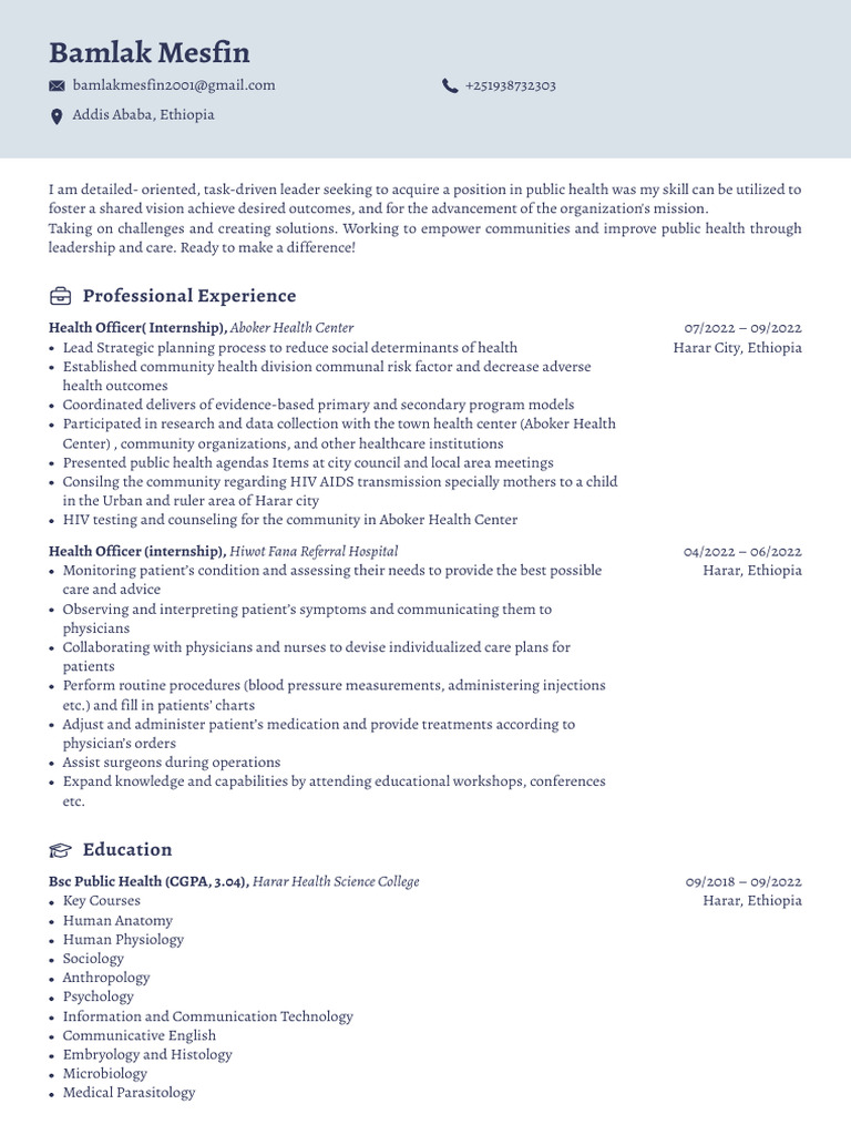 Bamlak Mesfin Resume | PDF | Patient | Medicine