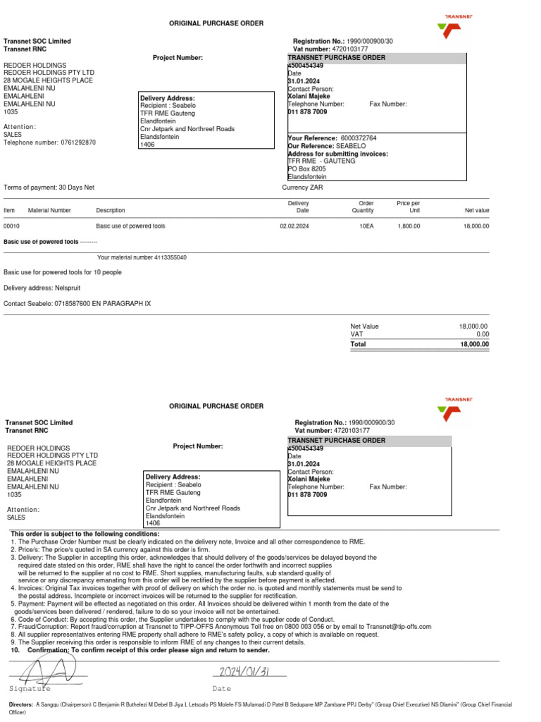 Transnet Purchase Order Details 2024 | PDF | Invoice | Business