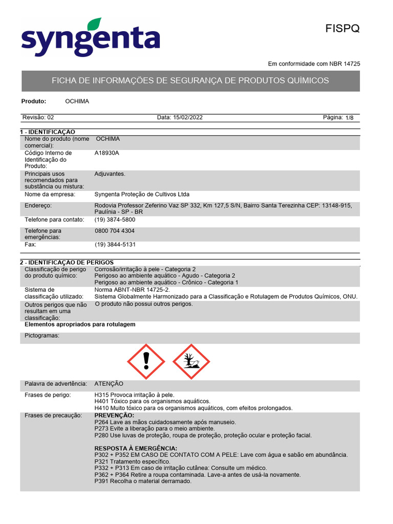 FISPQ do Produto OCHIMA | PDF | Química | Dióxido de carbono