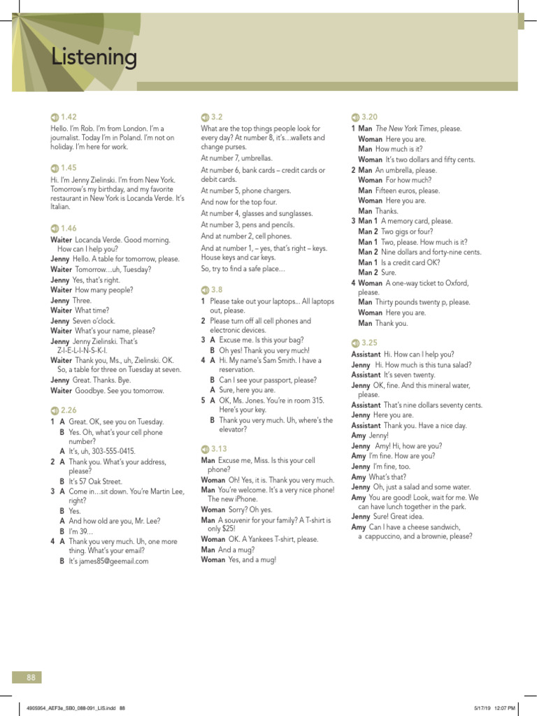 AEF3e Starter SB Script | PDF | Lunch | Food And Drink
