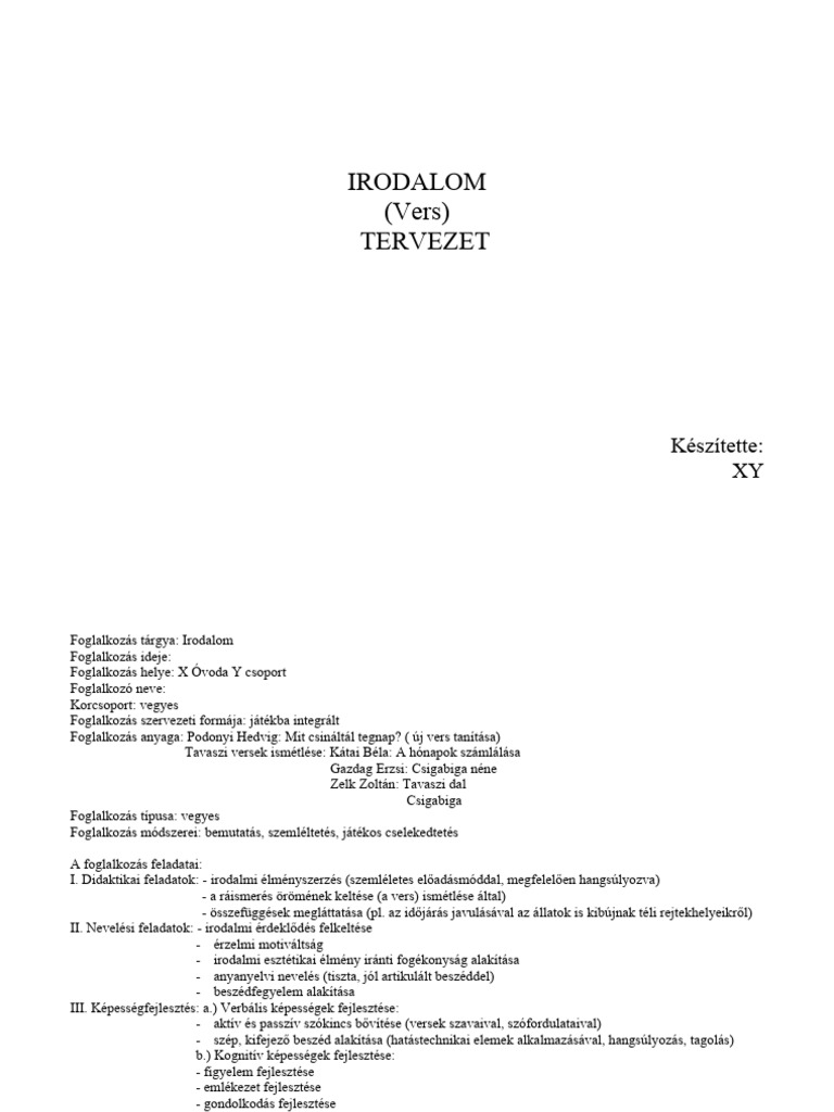 Irodalom (Vers) - Tervezet | PDF