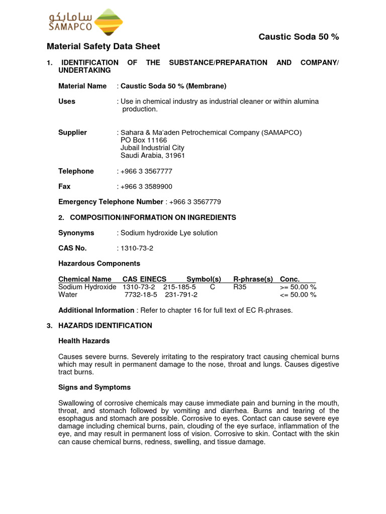 3.caustic Soda (SAMAPCO) MSDS | PDF | Sodium Hydroxide | Chemistry