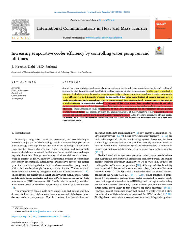 Elahi Increasing Evaporative Cooler Efficiency by Controlling Water ...