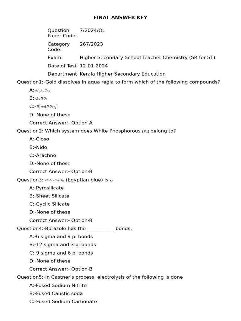 Final Answer Key Hsst Chemistry Download Free Pdf Chemical Bond Chemical Reactions