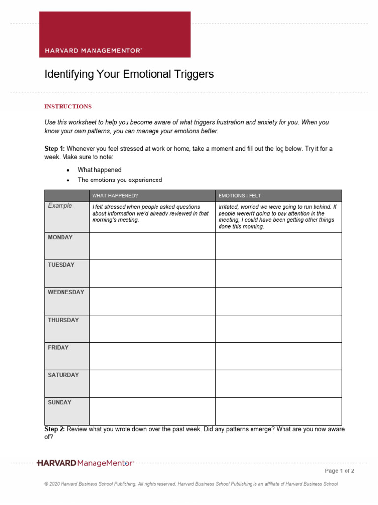 Emotional Triggers Identification Worksheet | PDF | Emotions | Psychology