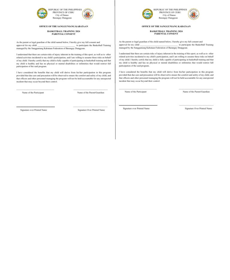 SK Basketball Training - Parental Consent Form | PDF | Legal Guardian ...