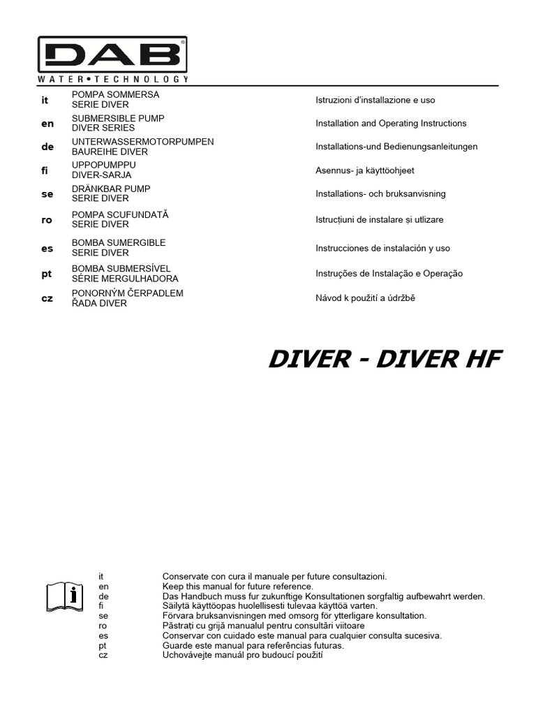 POMPA Dab Diver HF 100 Pump | PDF | Pipe (Fluid Conveyance) | Electrical Engineering