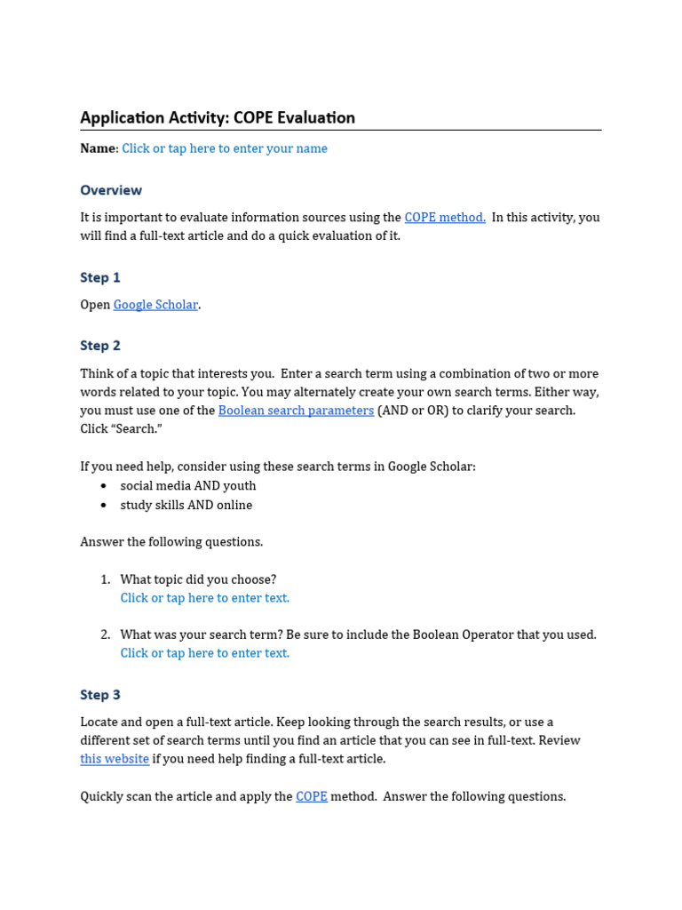 pc103 W05 Document-Applicationactivitycopeevaluation-Template | PDF