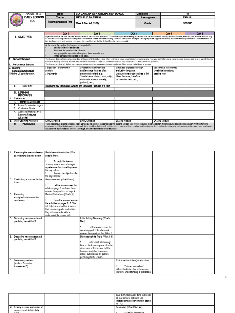 DLL Grade 10 English Week 3 Q1 | PDF | Learning | Educational Assessment