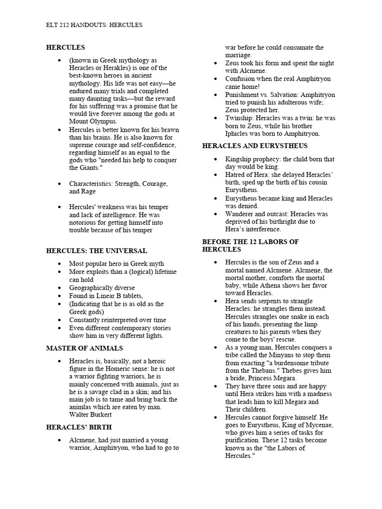 Elt 212 Handout - Hercules | PDF | Hades | Hera