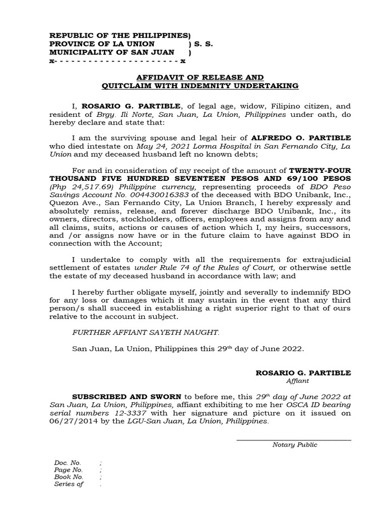Affidavit of Release and Quitclaim With Indemnity Undertaking in ...
