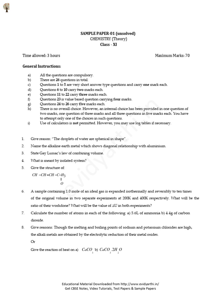 Chemistry Class XI Unsolved Sample Paper 1 | PDF | Chemical Reactions | Emission Spectrum