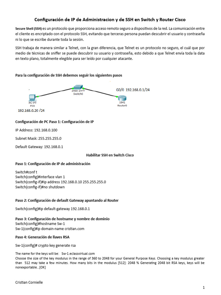 Configuración de IP de Administracion y de SSH en Switch y Router Cisco | PDF | Cubierta segura ...