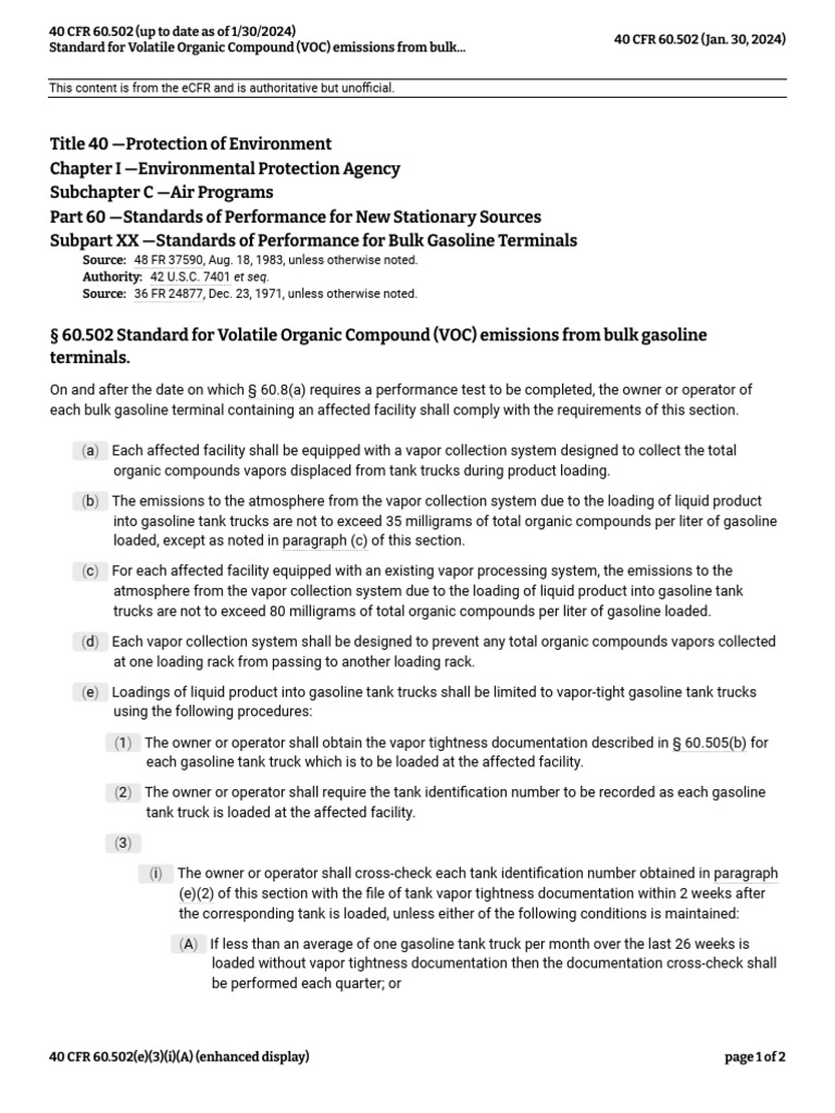 40 CFR 60.502 (Up To Date As of 1-30-2024) | Download Free PDF | Gasoline | Truck