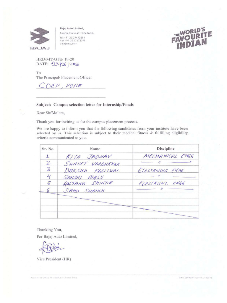 Bajaj Auto Internship Letter | PDF