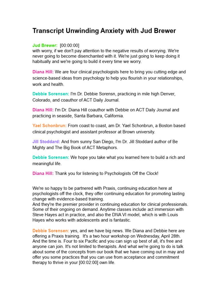 Transcript Jud Brewer Unwinding Anxiety | PDF | Anxiety Disorder ...