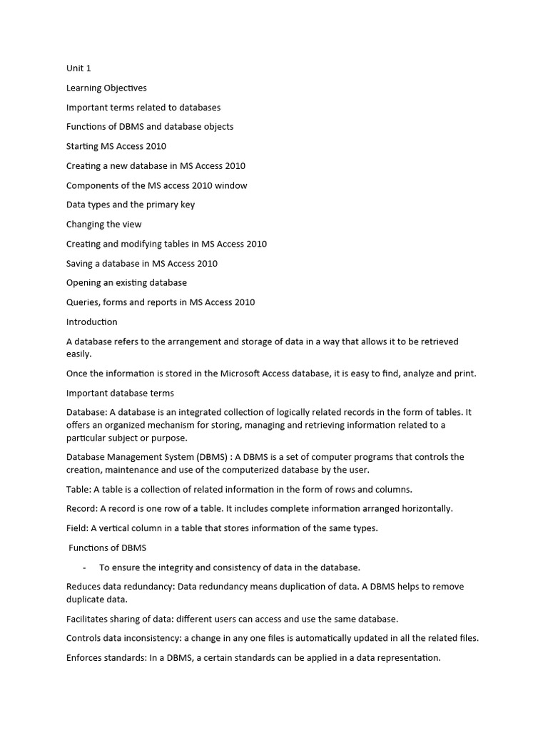 Unit 1 Notes | PDF | Databases | Microsoft Access