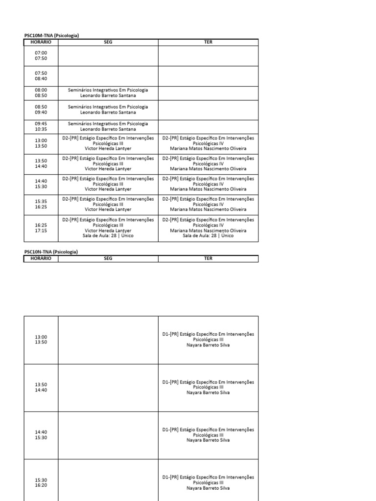 Horarios Psicologia 0702 | PDF | Ciências comportamentais | Processos mentais