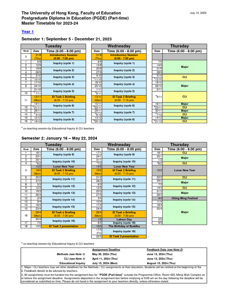 2023-24 PGDE PT1 Timetable - 2023.07.14 | PDF | Educational Stages | Qualifications