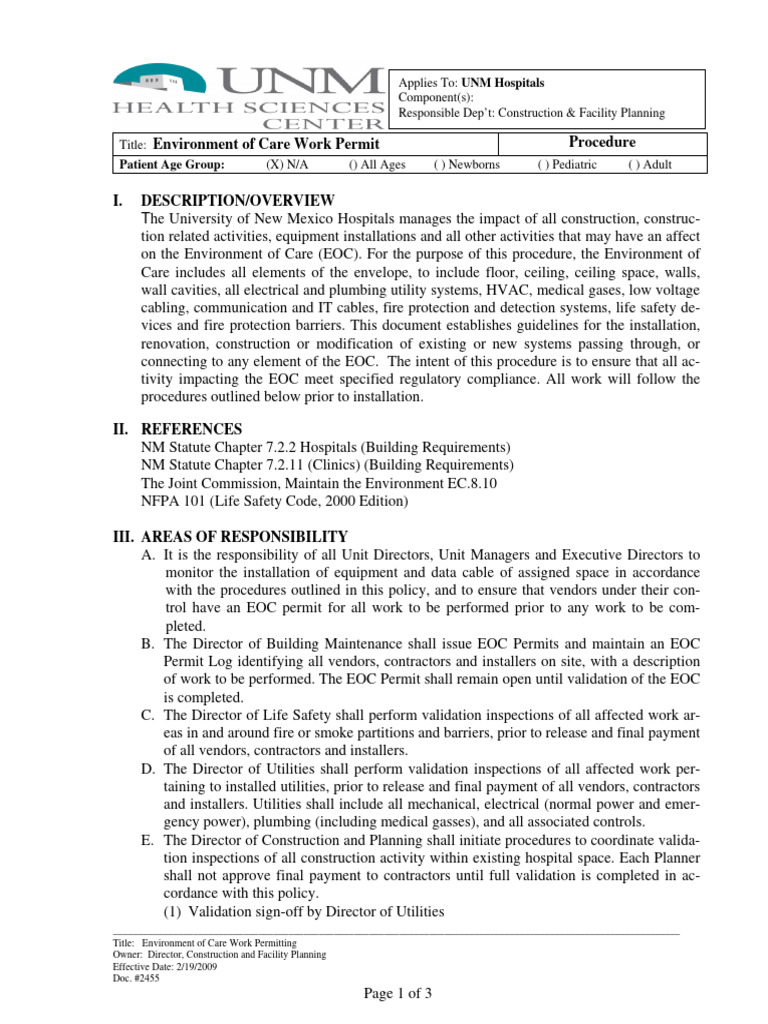 Environment of Care Work Permit | Download Free PDF | Joint Commission ...