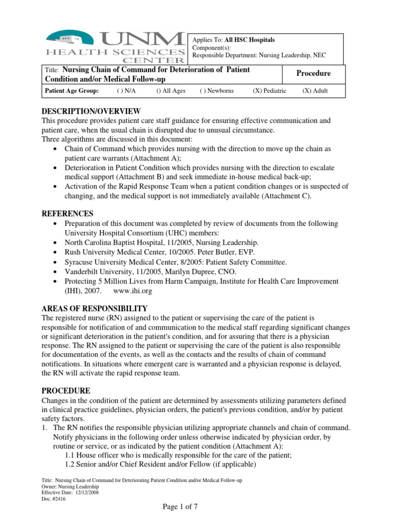 Chain of Command Procedure | PDF | Nursing | Intensive Care Unit