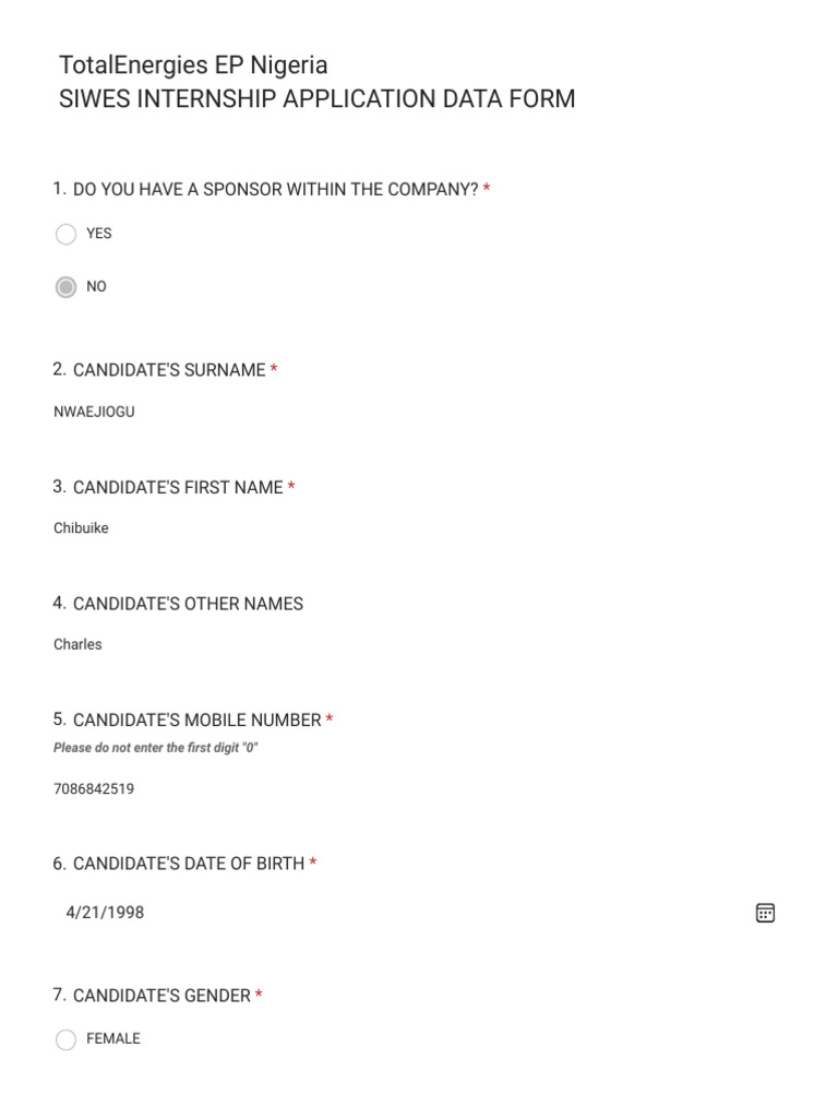 TotalEnergies EP Nigeria SIWES INTERNSHIP APPLICATION DATA FORM | PDF