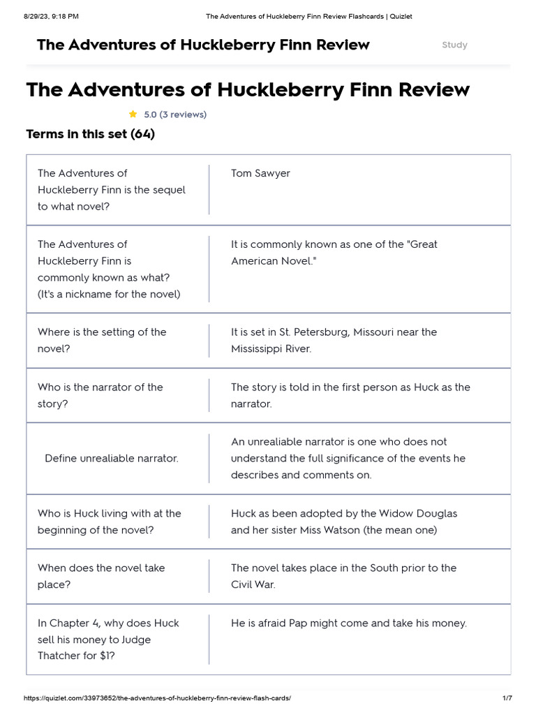 The Adventures of Huckleberry Finn Review Flashcards - Quizlet | PDF ...